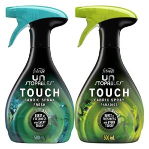 febreze fabric spray, unstopables touch fabric refresher spray, odor fighter for strong odor, fresh & paradise, 16.9 oz (2 count)