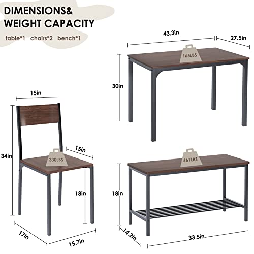 SogesHome 4-Piece Kitchen Table and 2 Chairs for 4 with Bench, Dining Table Set for Small Space, Apartment, Living-Room, Restaurant, Dark Walnut