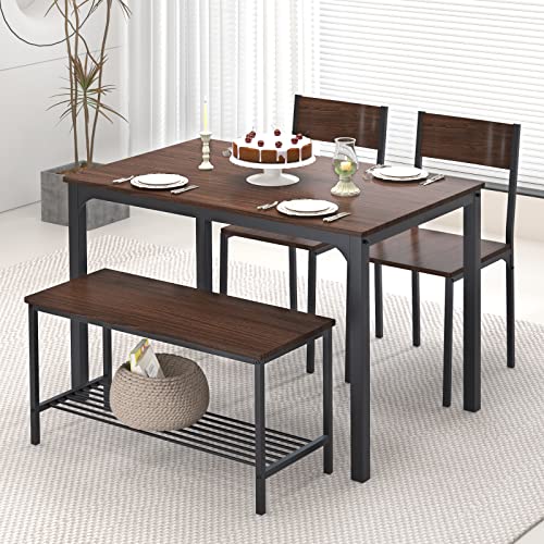 SogesHome 4-Piece Kitchen Table and 2 Chairs for 4 with Bench, Dining Table Set for Small Space, Apartment, Living-Room, Restaurant, Dark Walnut