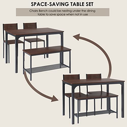 SogesHome 4-Piece Kitchen Table and 2 Chairs for 4 with Bench, Dining Table Set for Small Space, Apartment, Living-Room, Restaurant, Dark Walnut