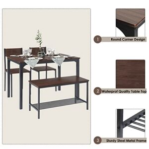 SogesHome 4-Piece Kitchen Table and 2 Chairs for 4 with Bench, Dining Table Set for Small Space, Apartment, Living-Room, Restaurant, Dark Walnut