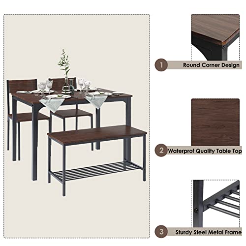 SogesHome 4-Piece Kitchen Table and 2 Chairs for 4 with Bench, Dining Table Set for Small Space, Apartment, Living-Room, Restaurant, Dark Walnut