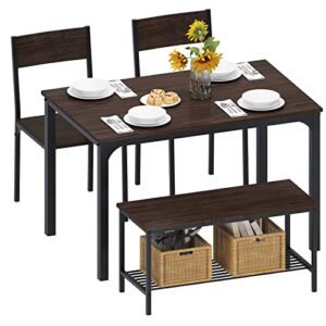 SogesHome 4-Piece Kitchen Table and 2 Chairs for 4 with Bench, Dining Table Set for Small Space, Apartment, Living-Room, Restaurant, Dark Walnut