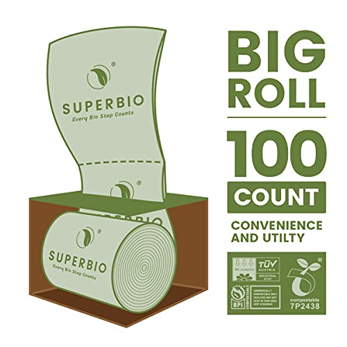 SUPERBIO 2.6 Gallon Compostable Flat Top Garbage Bags, 100 Count, 1 Pack, Small Trash Bags, Sturdy Food Scrap Bags Certified by BPI and OK Compost Meeting ASTM D6400 Standards, 9.84L