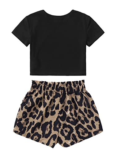 SOLY HUX Girl's Summer 2 Piece Outfits Short Sleeve Crop Top and Cute Print Shorts Sets Cute Clothing Set Black 8Y