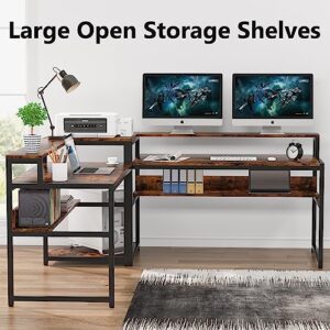 Tribesigns L-Shaped Desk with Storage Shelves, 67" Large Corner Computer Desk with Monitor Stand and Bookshelf, Rustic Study Writing Workstation with Corner Shelf for Home Office