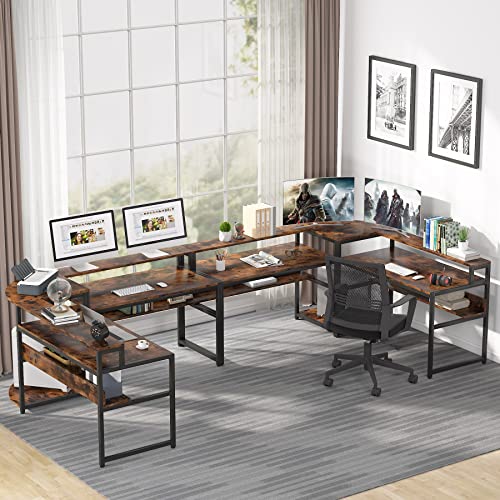 Tribesigns L-Shaped Desk with Storage Shelves, 67" Large Corner Computer Desk with Monitor Stand and Bookshelf, Rustic Study Writing Workstation with Corner Shelf for Home Office