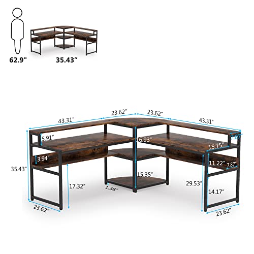 Tribesigns L-Shaped Desk with Storage Shelves, 67" Large Corner Computer Desk with Monitor Stand and Bookshelf, Rustic Study Writing Workstation with Corner Shelf for Home Office