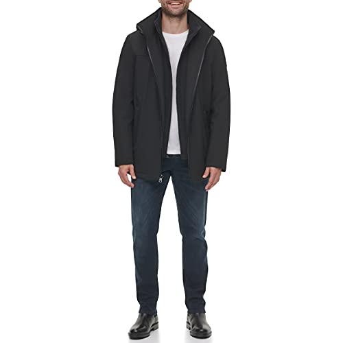 Calvin Klein Men's Hooded Rip Stop Water and Wind Resistant Jacket with Fleece Bib, Deep Black, Large