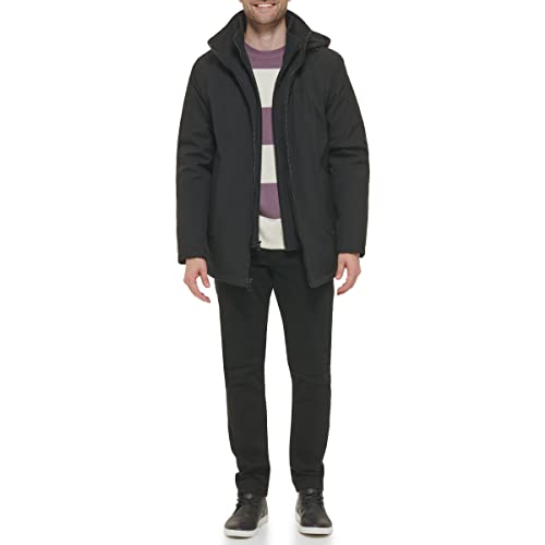 Calvin Klein Men's Hooded Rip Stop Water and Wind Resistant Jacket with Fleece Bib, Deep Black, Large