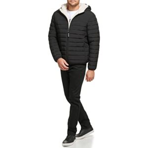 Calvin Klein Men's Hooded Down Jacket Quilted Coat Sherpa Lined, Ebony, Small