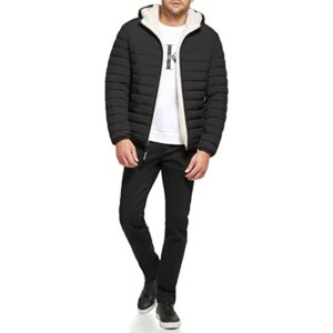 Calvin Klein Men's Hooded Down Jacket Quilted Coat Sherpa Lined, Ebony, Small