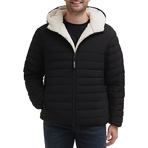 Calvin Klein Men's Hooded Down Jacket Quilted Coat Sherpa Lined, Ebony, Small