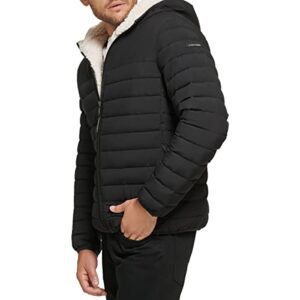 Calvin Klein Men's Hooded Down Jacket Quilted Coat Sherpa Lined, Ebony, Small