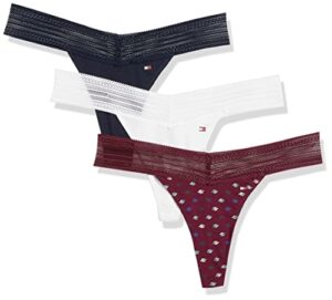 tommy hilfiger womens underwear cotton lace thong, 3 pack thong panties, mini cursive th zindanfel, medium us