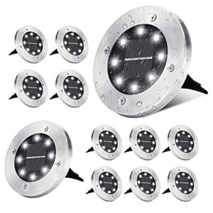 odeetronic solar ground lights, 12 pack 8 led solar disk lights, outdoor in-ground light waterproof, flat solar light, round solar puck light for landscape, pathway, yard, garden, walkway, cool white