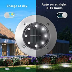 ODEETRONIC Solar Ground Lights, 12 Pack 8 LED Solar Disk Lights, Outdoor in-ground Light Waterproof, Flat Solar Light, Round Solar Puck Light for Landscape, Pathway, Yard, Garden, Walkway, Cool White