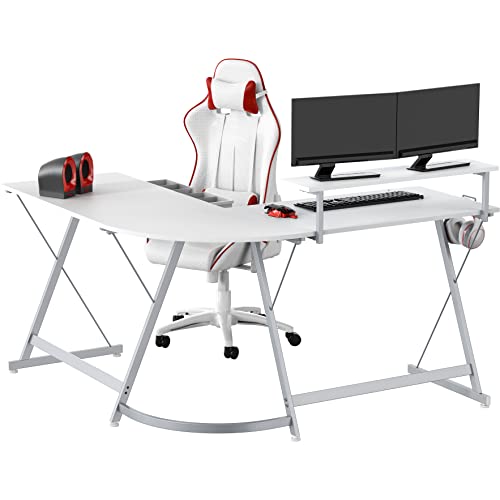 SHW Vista L-Shape Desk with Monitor Stand, White