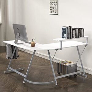 SHW Vista L-Shape Desk with Monitor Stand, White