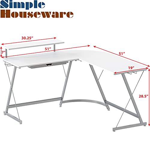 SHW Vista L-Shape Desk with Monitor Stand, White