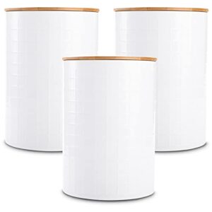 fasmov 3 pack kitchen canisters with bamboo lids, perfect coffee tea food storage candy sugar canisters, modern design jar kitchen container, airtight metal canister set (white)