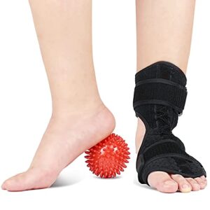 new plantar fasciitis night splint, adjustable brace support night splints for right or left foot support sleep/ arthritis/ tendonitis/ dorsiflexion/ heel calf stretcher and spiky massage ball (black & red)