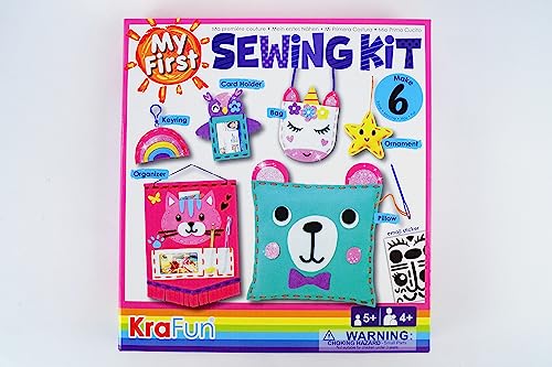 KRAFUN My First Sewing Kit for Beginner Kids Arts & Crafts, 6 Easy DIY Projects of Stuffed Animal Dolls and Plush Pillow Craft, Instructions & Felt, Gift for Girls, Boys, Learn to Sew, Embroidery