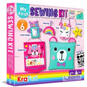 krafun my first sewing kit for beginner kids arts & crafts, 6 easy diy projects of stuffed animal dolls and plush pillow craft, instructions & felt, gift for girls, boys, learn to sew, embroidery