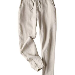 Tanming Women's Casual Linen Elastic Waist Tapered Pants Trousers with Drawstring (Khaki, Large)