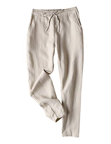 Tanming Women's Casual Linen Elastic Waist Tapered Pants Trousers with Drawstring (Khaki, Large)