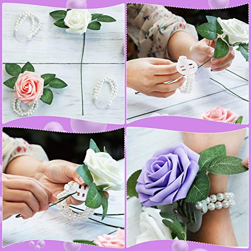 Hicarer 24 Pieces Elastic Pearl Wrist Bands Corsage Accessories Wedding Wrist DIY Faux Flowers Decor for Wedding Festival Beach Party