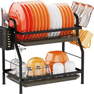 Swedecor Dish Drying Rack for Kitchen Counter, 2 Tier Rust-Resistant Dish Racks with Glass Holder and Utensil Holder Compact Dish Drainer with Drainboard Storage, Black