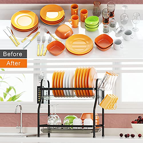 Swedecor Dish Drying Rack for Kitchen Counter, 2 Tier Rust-Resistant Dish Racks with Glass Holder and Utensil Holder Compact Dish Drainer with Drainboard Storage, Black