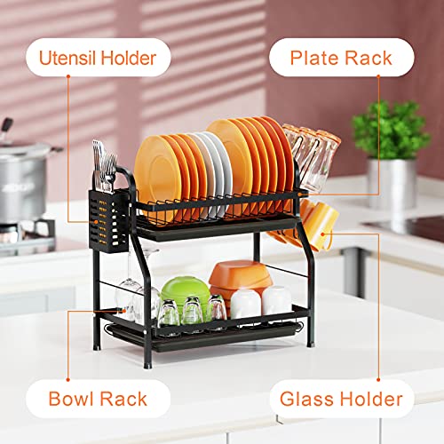 Swedecor Dish Drying Rack for Kitchen Counter, 2 Tier Rust-Resistant Dish Racks with Glass Holder and Utensil Holder Compact Dish Drainer with Drainboard Storage, Black