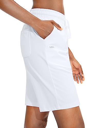 Viodia Women's Bermuda 10" Long Shorts with Pockets Cotton Sweat Lounge Shorts for Women Jersey Athletic Knee Length Shorts for Summer White