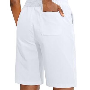 Viodia Women's Bermuda 10" Long Shorts with Pockets Cotton Sweat Lounge Shorts for Women Jersey Athletic Knee Length Shorts for Summer White