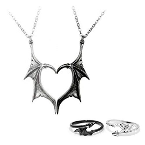 Demon Dragon Wing Love Heart Pendant Necklace Matching Charm Love Heart Feather Shaped Necklace Angel Devil Wings Rings Jewelry Set for Couple Family Friendship-set1