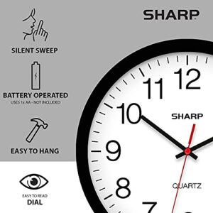 SHARP Wall Clock – Black, Silent Non Ticking 14 Inch Quality Quartz Battery Operated Round Easy to Read Home/Kitchen/Office/Classroom/School Clocks, Sweep Movement