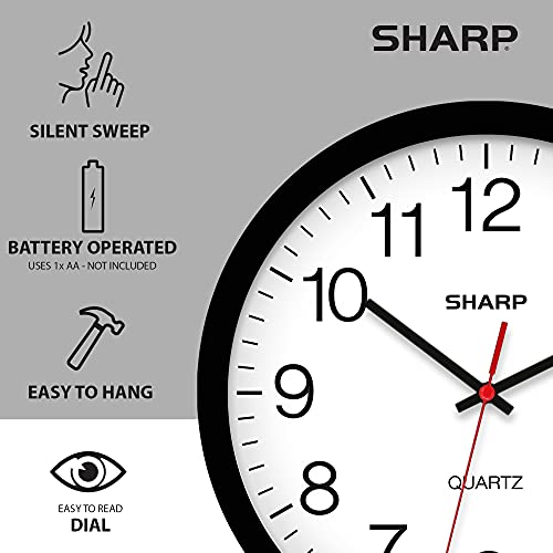 SHARP Wall Clock – Black, Silent Non Ticking 14 Inch Quality Quartz Battery Operated Round Easy to Read Home/Kitchen/Office/Classroom/School Clocks, Sweep Movement