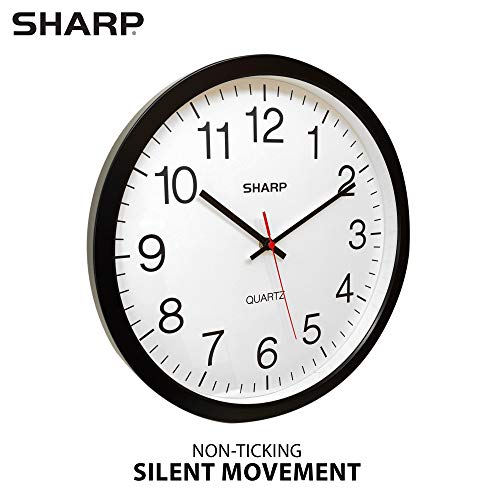 SHARP Wall Clock – Black, Silent Non Ticking 14 Inch Quality Quartz Battery Operated Round Easy to Read Home/Kitchen/Office/Classroom/School Clocks, Sweep Movement