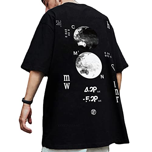 XYXIONGMAO Moon Space NASA Tshirt Techwear Shirt Cyberpunk Japanese Streetwear Hip Hop Shirts Men Graphic T Men's Loose Couple T-Shirt Goth Black Tee (Black, 2XL)