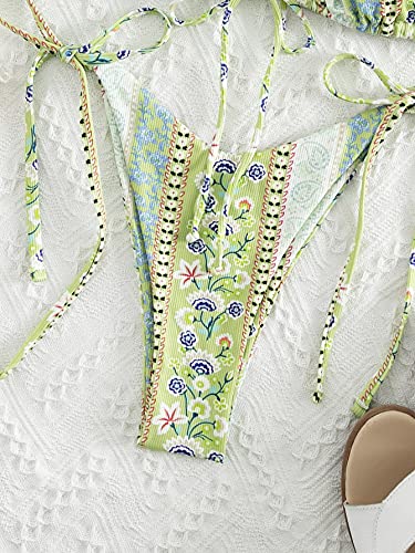 WDIRARA Women's Floral Print Tie Side Swimwear Straps Bikini Sets Swimsuits Green S