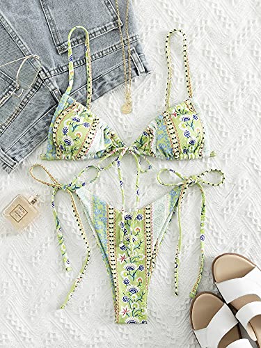 WDIRARA Women's Floral Print Tie Side Swimwear Straps Bikini Sets Swimsuits Green S