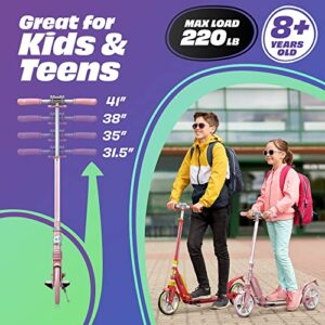 Scooter for Kids Ages 6-12 - Scooters for Teens 12 Years and Up - Adult Scooter with Anti-Shock Suspension - Scooter for Kids 8 Years and Up with 4 Adjustment Levels Handlebar Up to 41 Inches High