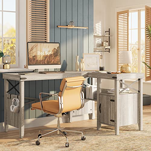 Bestier L-Shaped Home Office Computer Desk with Storage Cabinet & Bookshelf, Farmhouse Office Table for Writing Study, 60 x 42 Inch Corner Desk or 82.3 Inch 2 Person Long Desk with Shelves, White Wash