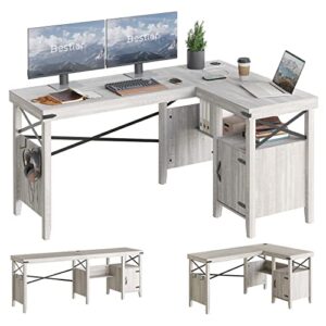 Bestier L-Shaped Home Office Computer Desk with Storage Cabinet & Bookshelf, Farmhouse Office Table for Writing Study, 60 x 42 Inch Corner Desk or 82.3 Inch 2 Person Long Desk with Shelves, White Wash