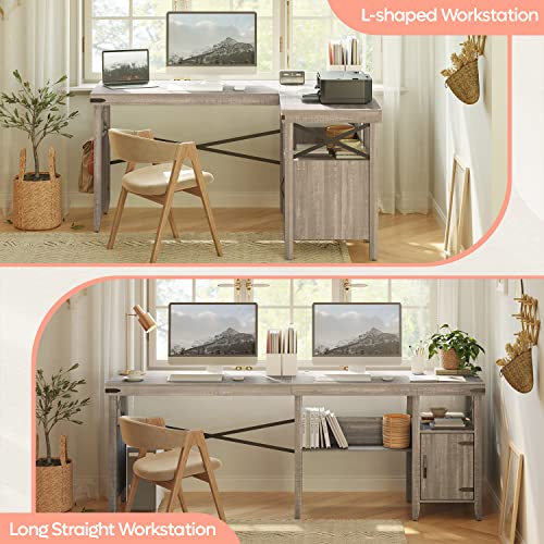 Bestier L-Shaped Home Office Computer Desk with Storage Cabinet & Bookshelf, Farmhouse Office Table for Writing Study, 60 x 42 Inch Corner Desk or 82.3 Inch 2 Person Long Desk with Shelves, White Wash