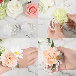 4 Pieces Elastic Pearl Wrist Bands and 15 Pairs Floral Boutonniere Magnets Corsage Brooches Magnet for Handmade Wedding Bride Boutonnieres Corsage Flower Pins Business Flowers Making Accessories