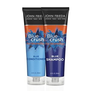 john frieda blue crush blue shampoo and conditioner set for brunettes, crush brassy tones for brunettes, 8.3 fl oz