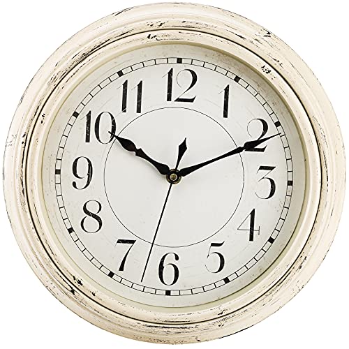 Peohud Silent Wall Clock, 12 Inch Vintage Non Ticking Quartz Battery Operated Round Clock, Rustic Wall Clock for Living Room Kitchen Home Office Classroom School, Creamy White